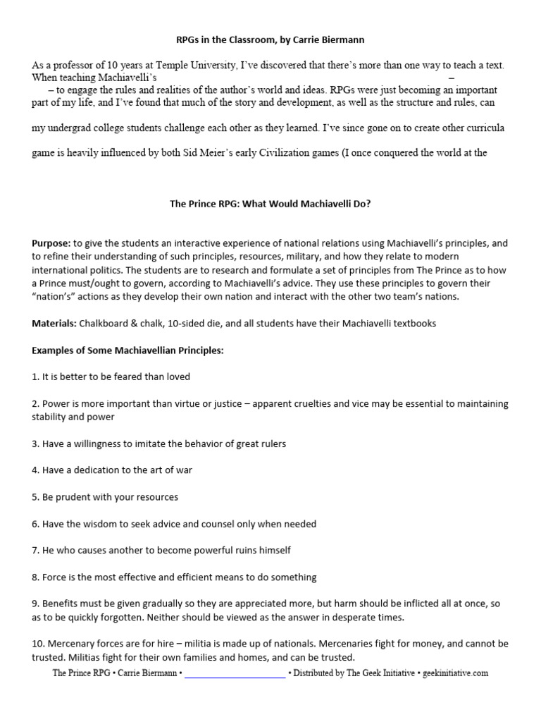 RPGs in The Classroom by Carrie Biermann | PDF | The Prince