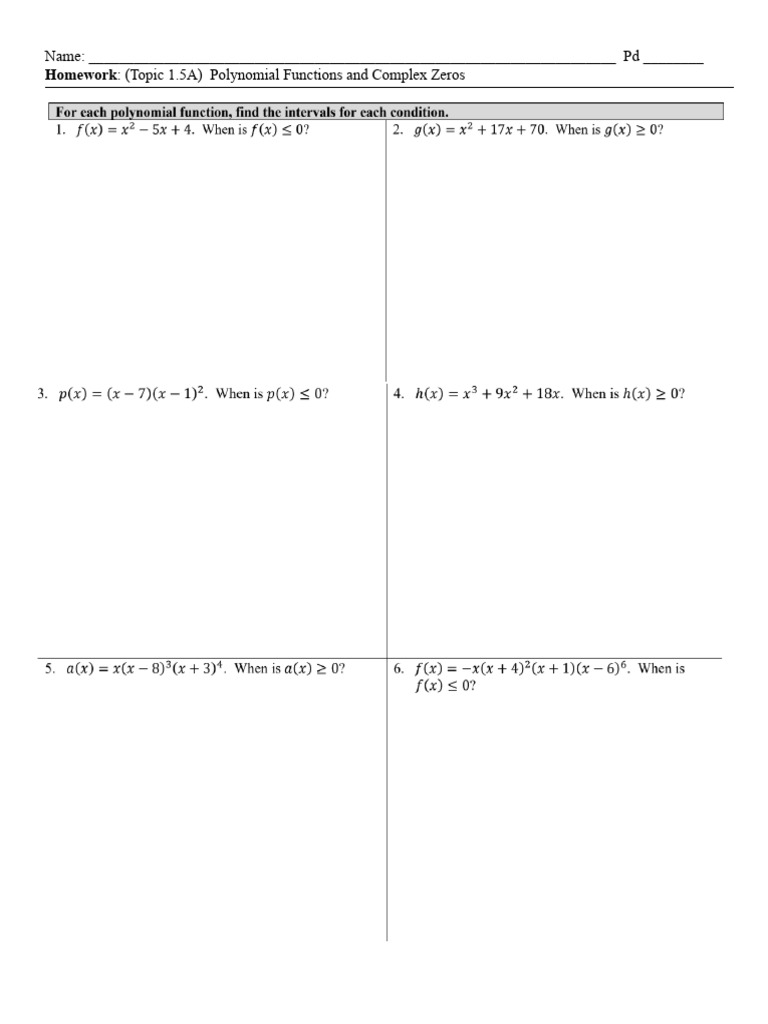 HW Topic 1.5A Polynomial Functions - Complex Zeros | PDF | Computers