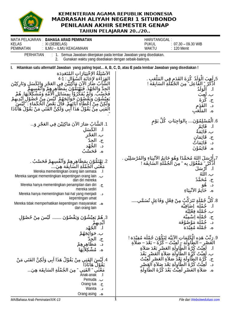 Soal PAT Kelas XI - B.Arab Peminatan | PDF