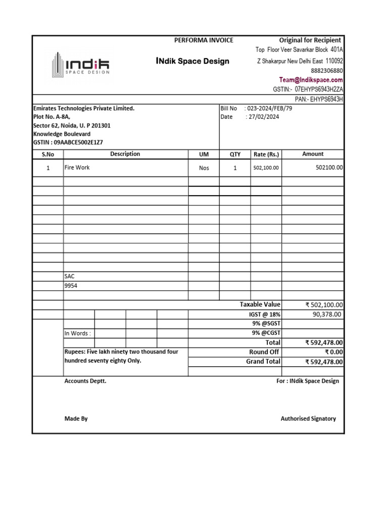 INdik Space Design Performa Invoice | PDF