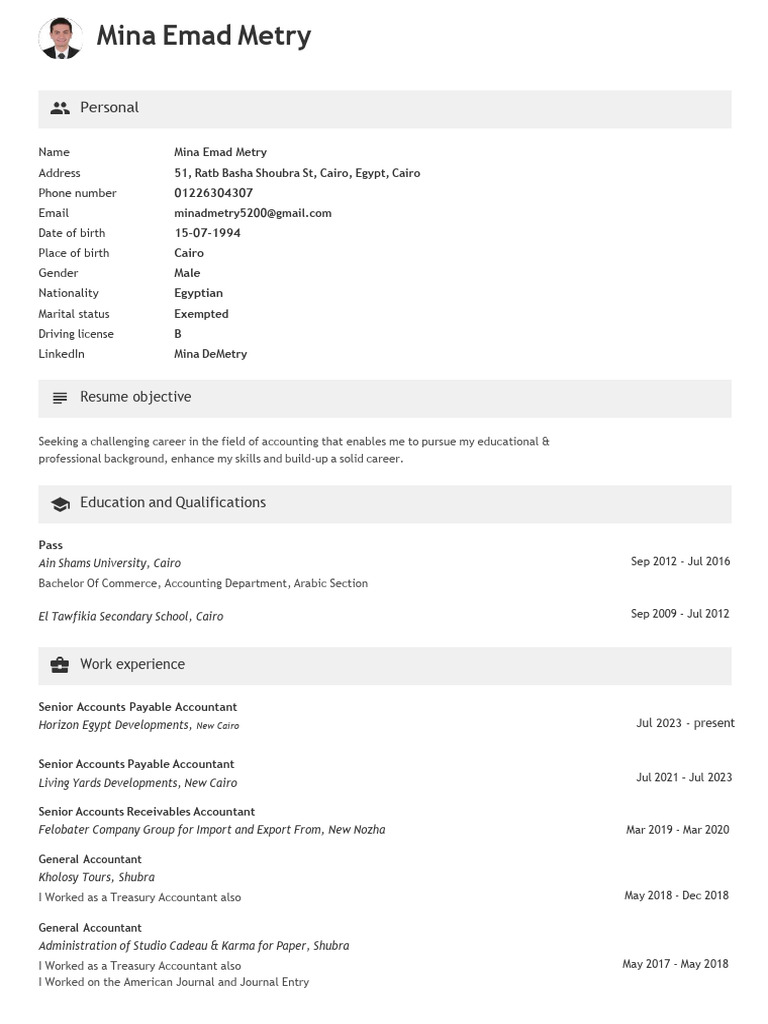 Mina Emad - Senior AP Accountant Cv | PDF | Cairo