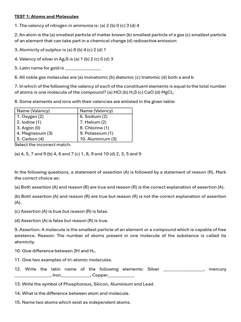 Atom and Molecules Test 1 | PDF