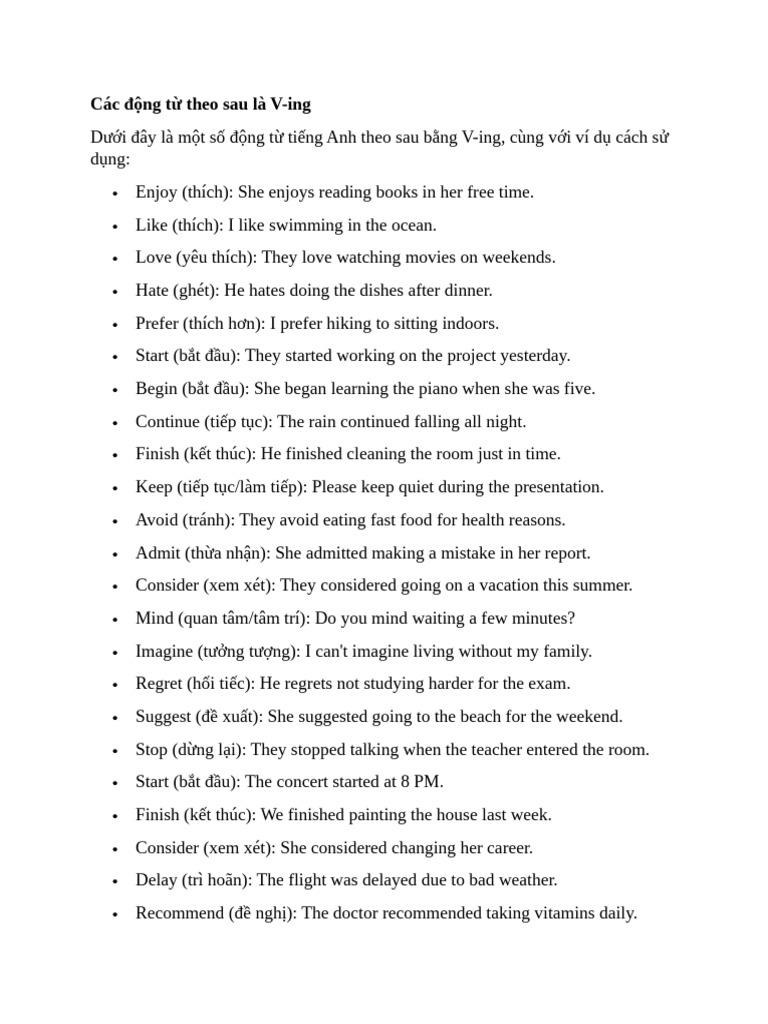 Động từ tiếng Anh theo sau V-ing và to V | PDF | Language Arts & Discipline