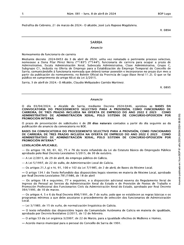 Anuncio BOP 08 - 04 - 2024. Bases 3 Prazas Administrativo - A Promoción ...