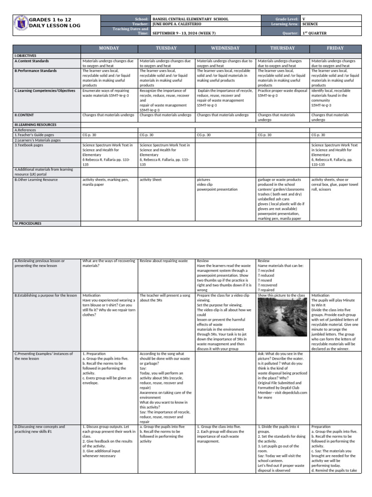 DLL - Science 5 - Q1 - W7 | PDF | Waste Management | Waste