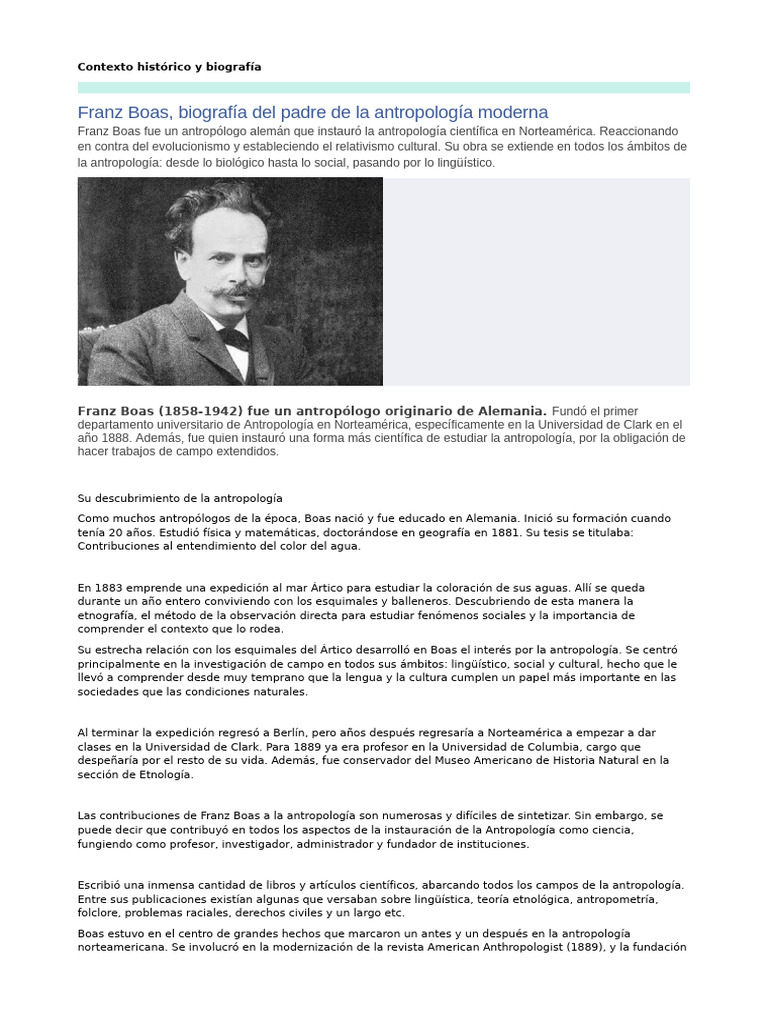 Franz Boas, Biografía Del Padre de La Antropología Moderna | PDF ...