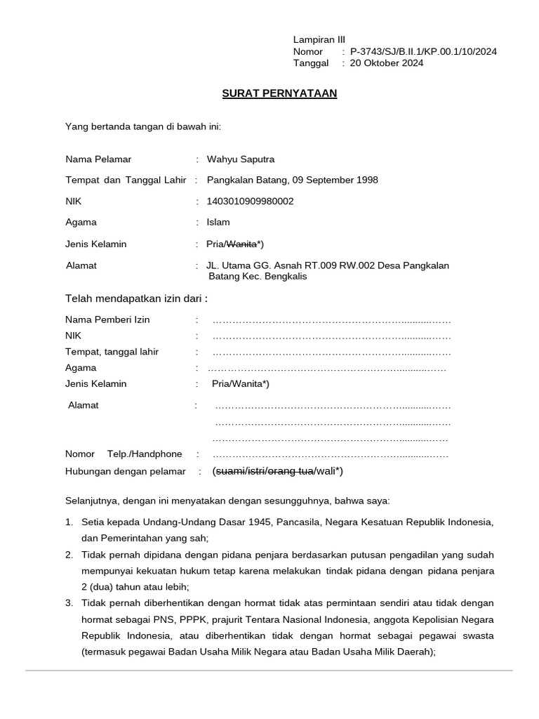 Surat Pernyataan Wahyu Saputra | PDF