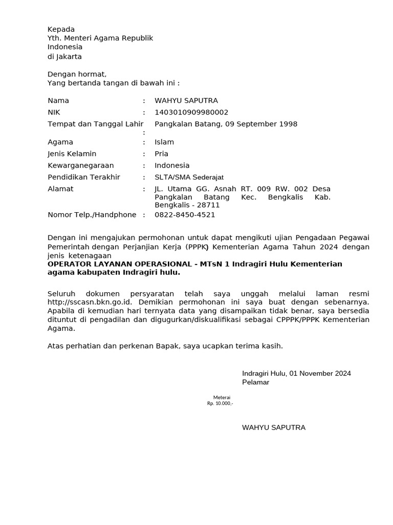 SURAT LAMARAN Wahyu Saputra New | PDF