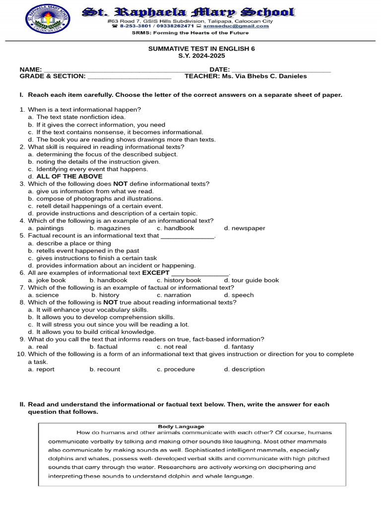 Summative Test in English 6 | PDF | Reading Comprehension | Books