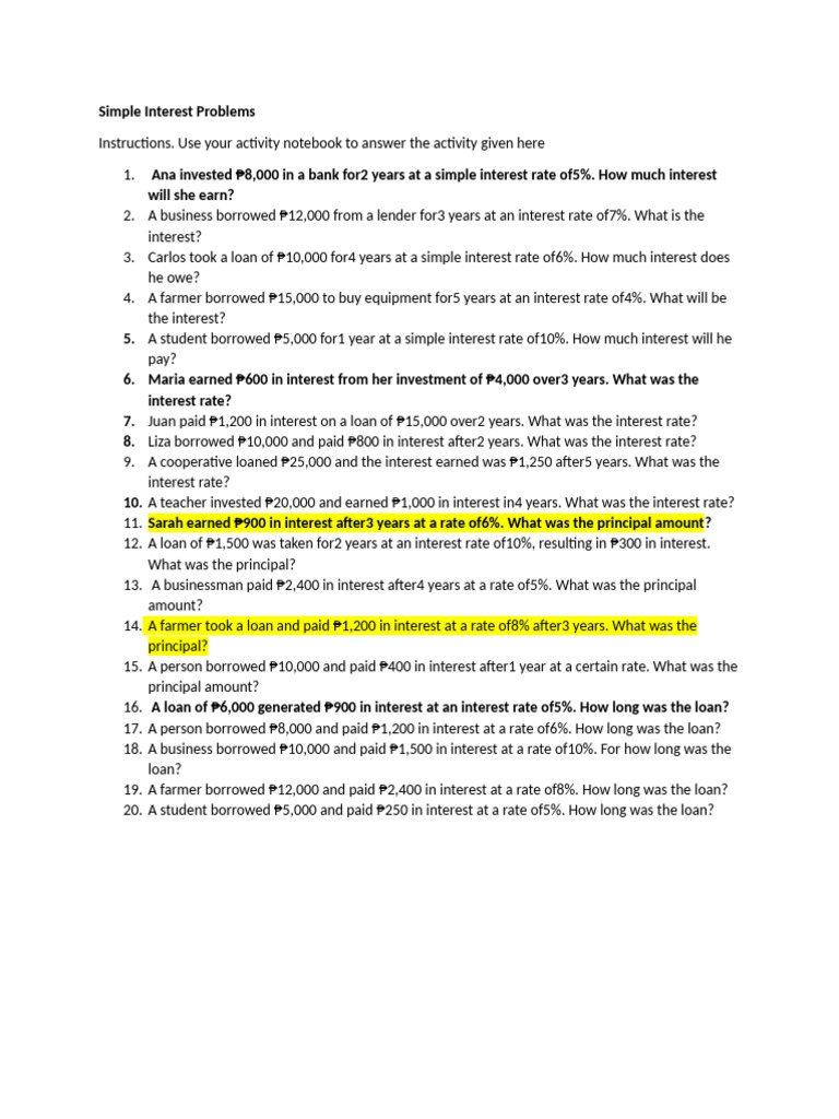 Simple Interest Problems ACTIVITY 1 | PDF