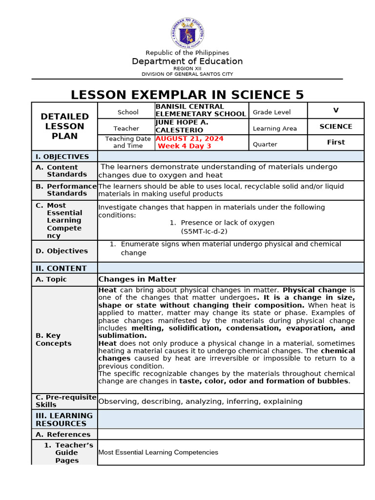 Science 5 Lesson Plan: Changes in Matter | PDF | Chemical Substances ...