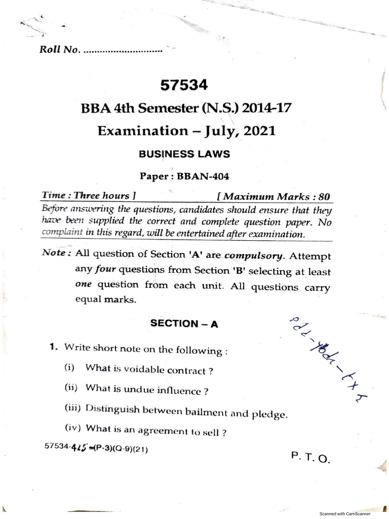 Business Law BBA Question Paper | PDF