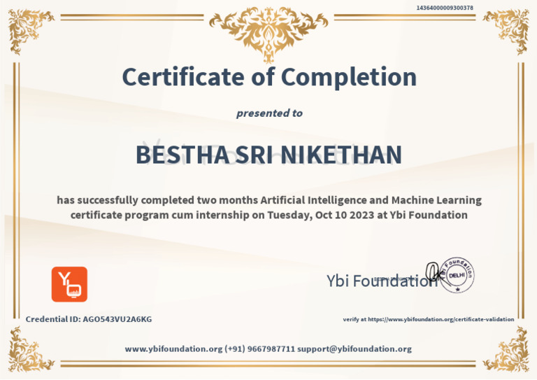 AI & ML Certificate - Ybi Foundation | PDF