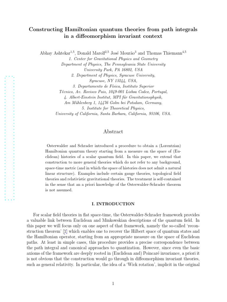 Hamiltonian Quantum Theories via Path Integrals | PDF | Gauge Theory ...