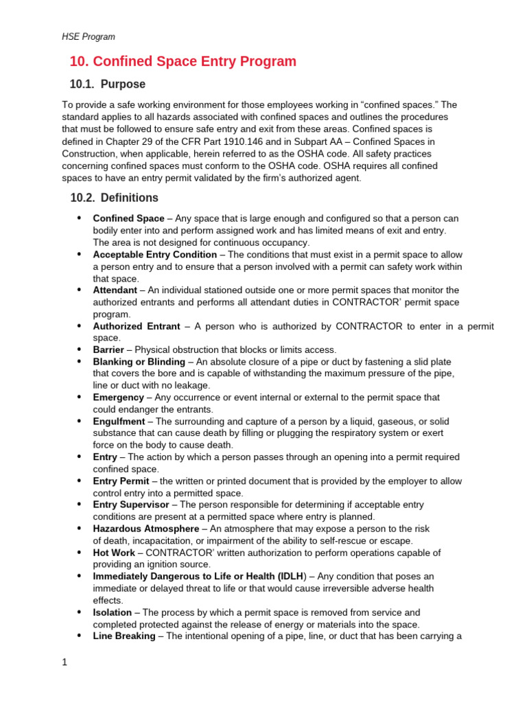 Confined Space Entry Program | PDF | Safety | Occupational Safety And ...
