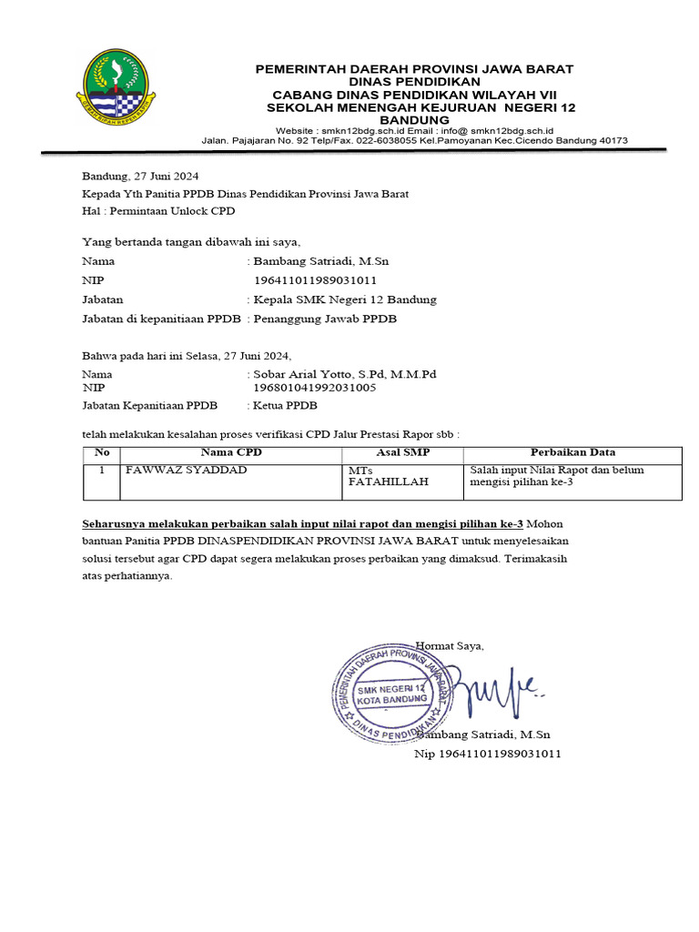 Surat Untuk Panitia PPDB Prov Jabar - Perbaikan Data CPD-PDBK SMKN 12 ...