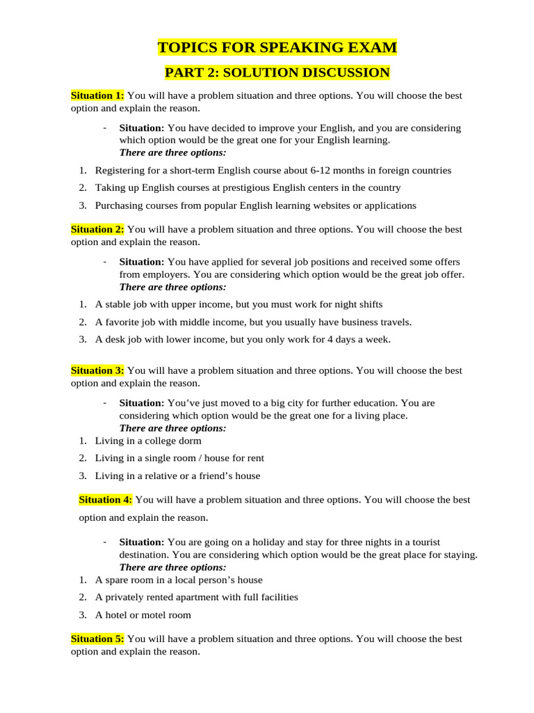 Speaking Exam Topic Solutions | PDF