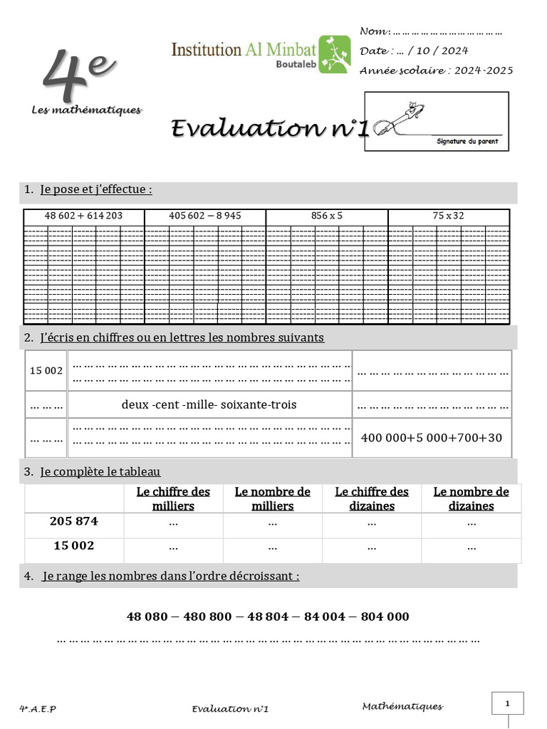 Évaluation Math 4e Année Primaire | PDF | Échecs | Théorie (échecs)