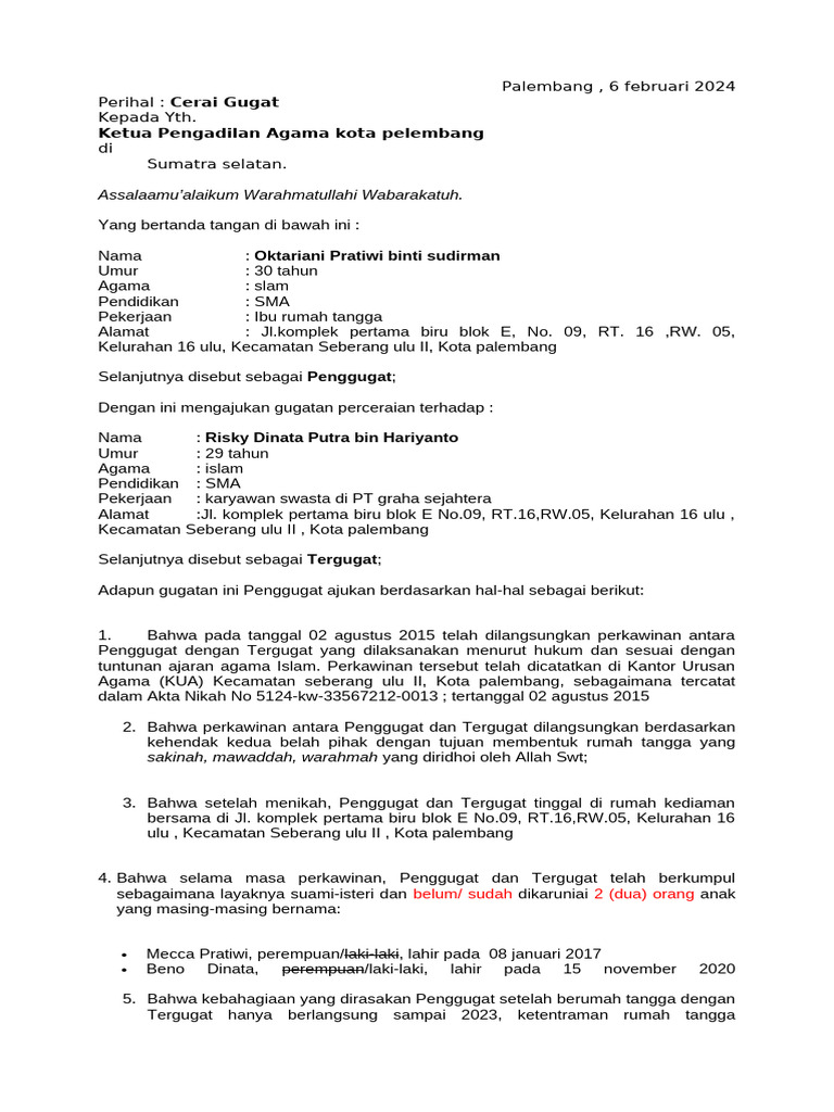 Gugatan Cerai Oktariani di PA Palembang | PDF