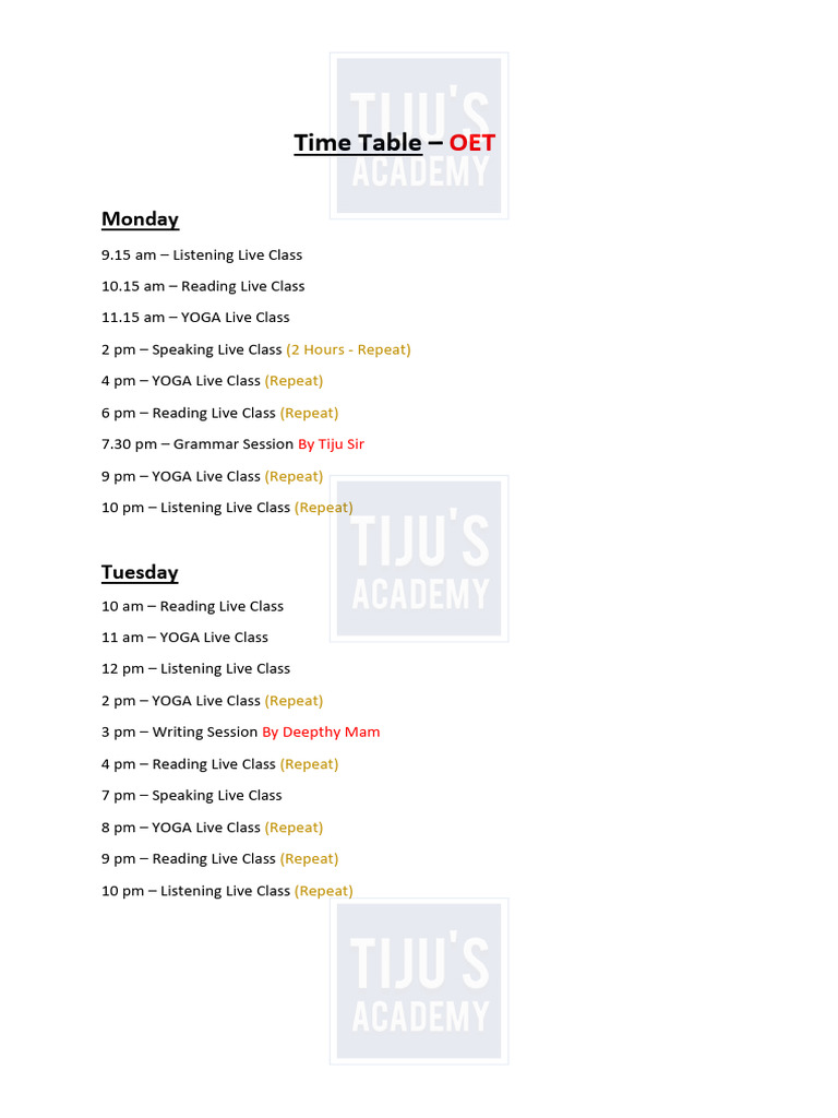 Time Table (OET) - Current | PDF
