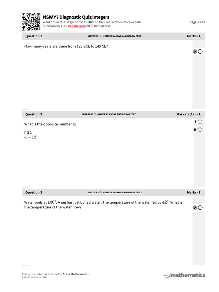 NSW Y7 Integers Diagnostic Quiz | PDF | Mathematics | Arithmetic