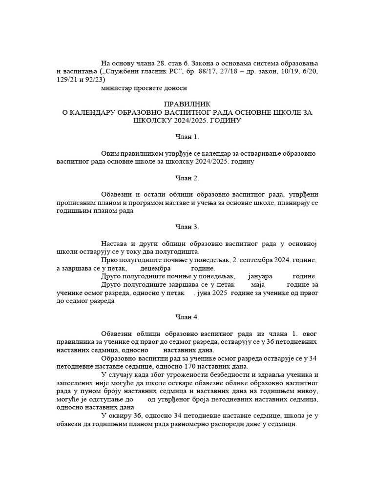 Pravlinik o Kalendaru Vaspitno Obrazovnog Rada Za Osnovne Skole Za ...