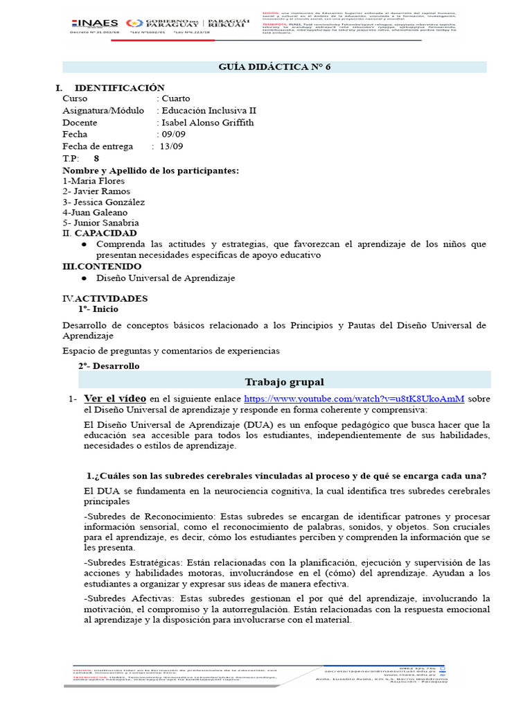 GUIA 6 Diseño Universal de Aprendizaje | PDF | Aprendizaje | Plan de ...