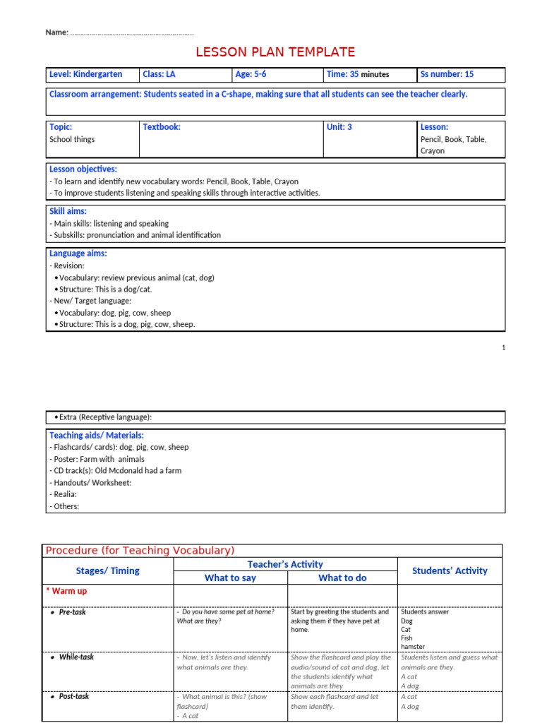 Lesson Plan Vocabs School Things | PDF | Learning | Human Communication
