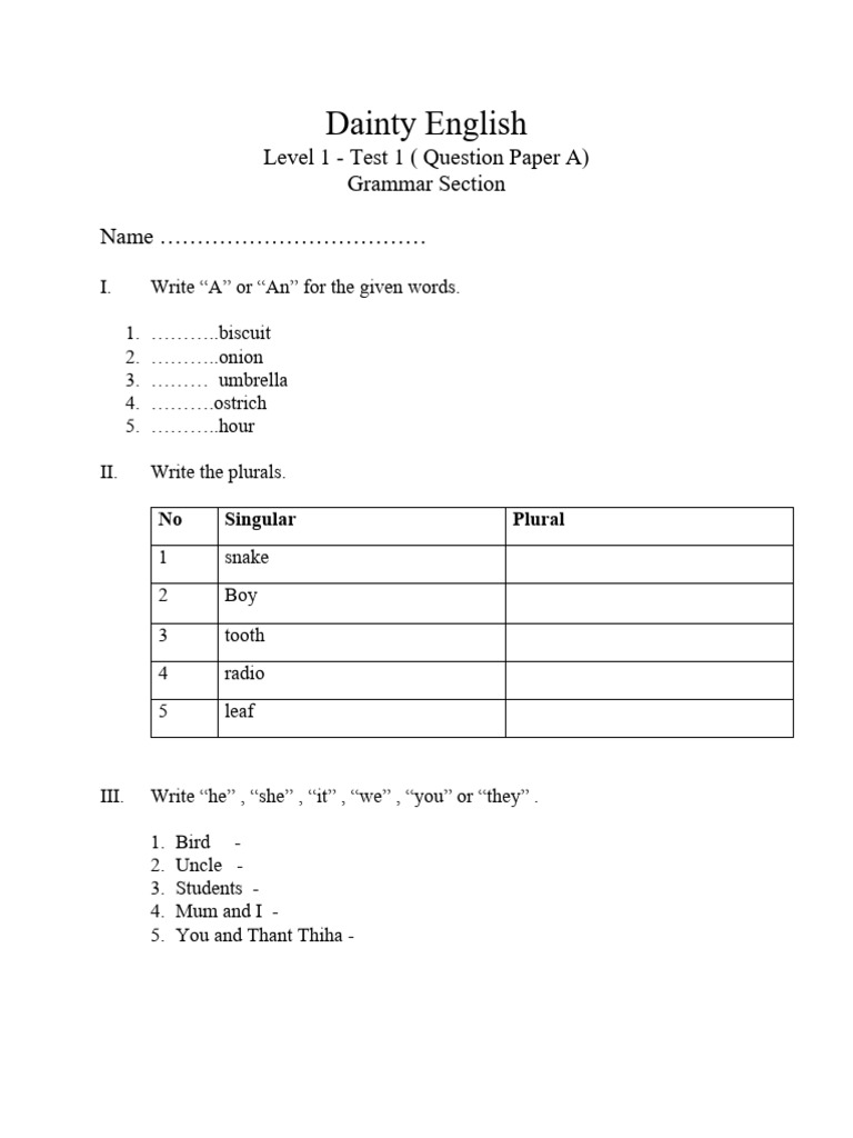 Question Paper For Grammar | PDF | Language Arts & Discipline