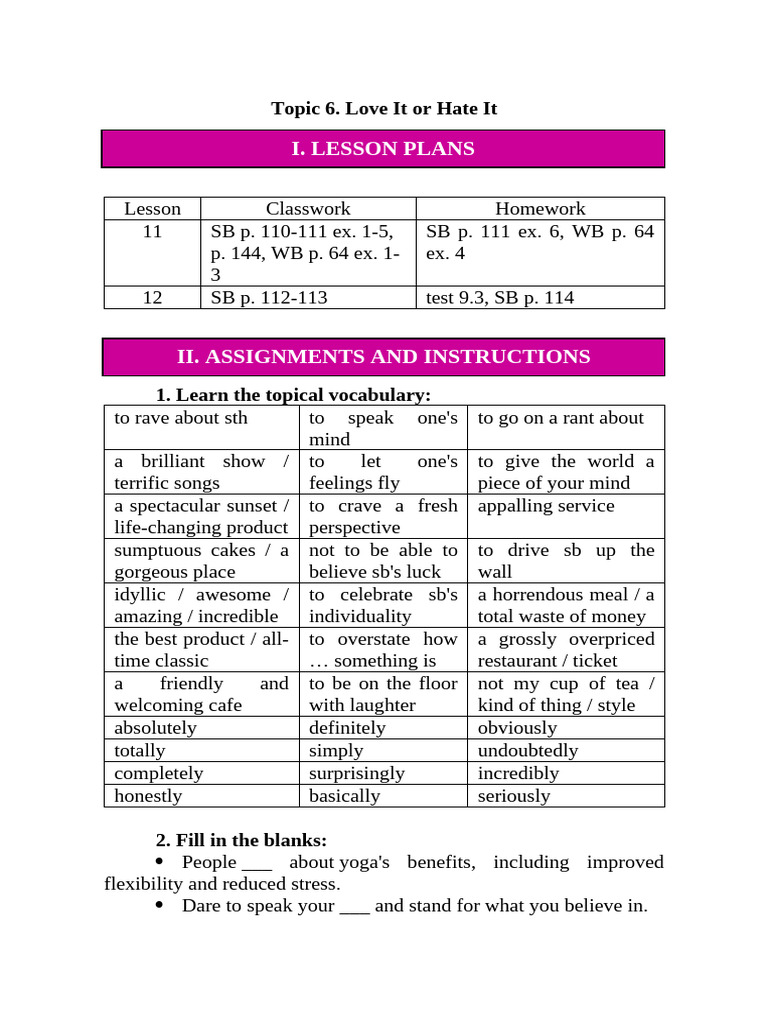 I. Lesson Plans: Topic 6. Love It or Hate It | PDF