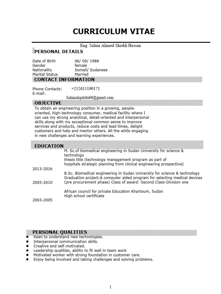 Biomedical Engineer CV - Salma Ahmed | PDF | Biomedical Engineering | Sudan