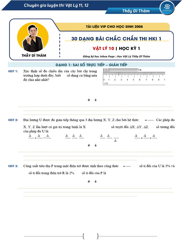 (Thầy Dĩ Thâm) eBook 30 Dạng Bài Chắc Chắn Thi Giữa Kỳ 1 - Vật Lý 10 | PDF