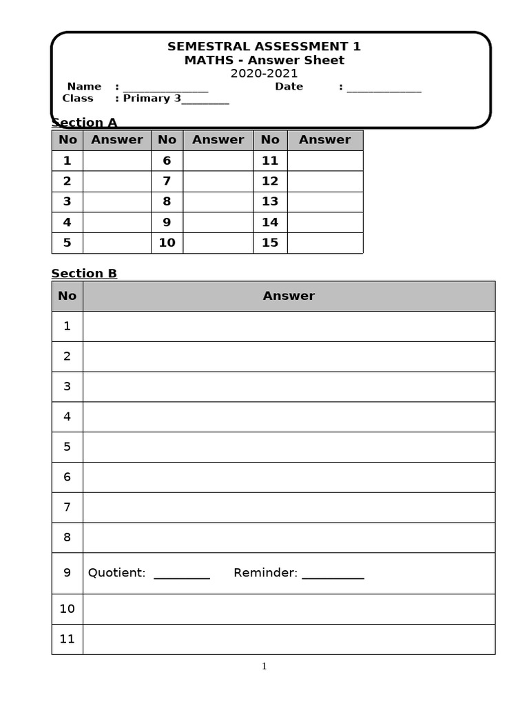 Answer Sheet p3 Maths Sa1 2020-2021 | PDF
