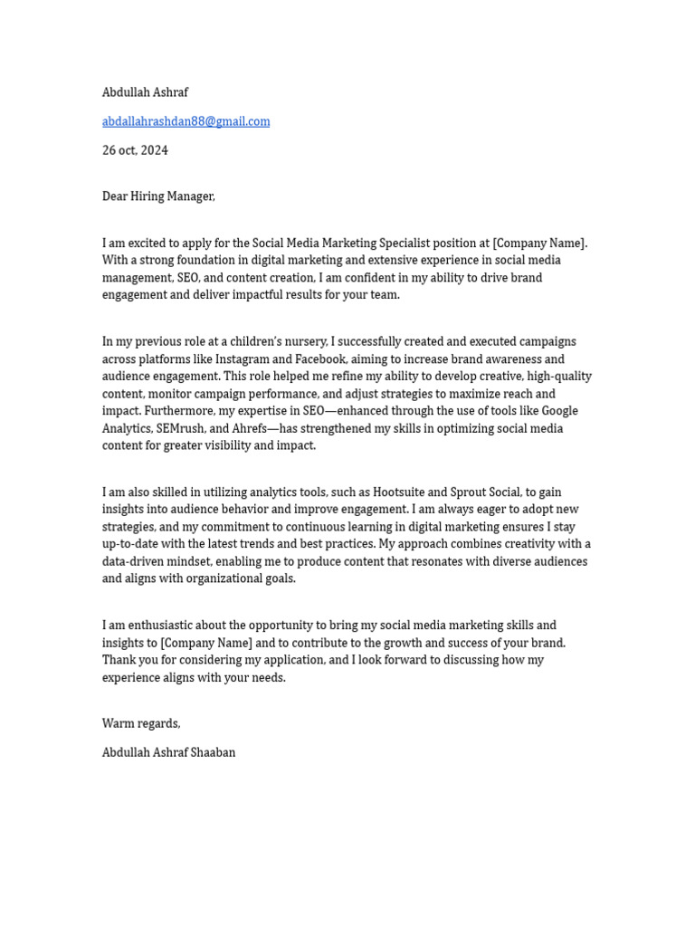 Social Media Marketing Specialist Cover Letter | PDF | Career & Growth Social Media Marketing Specialist Cover Letter | PDF | Career & Growth