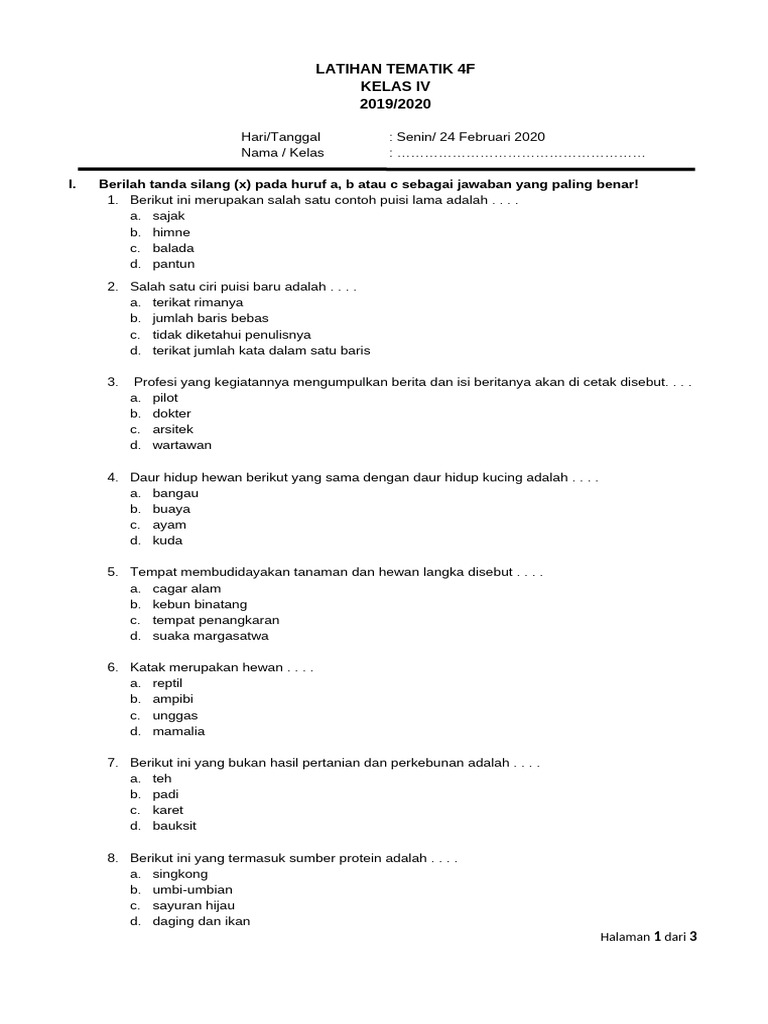 Latihan Tematik 4F | PDF