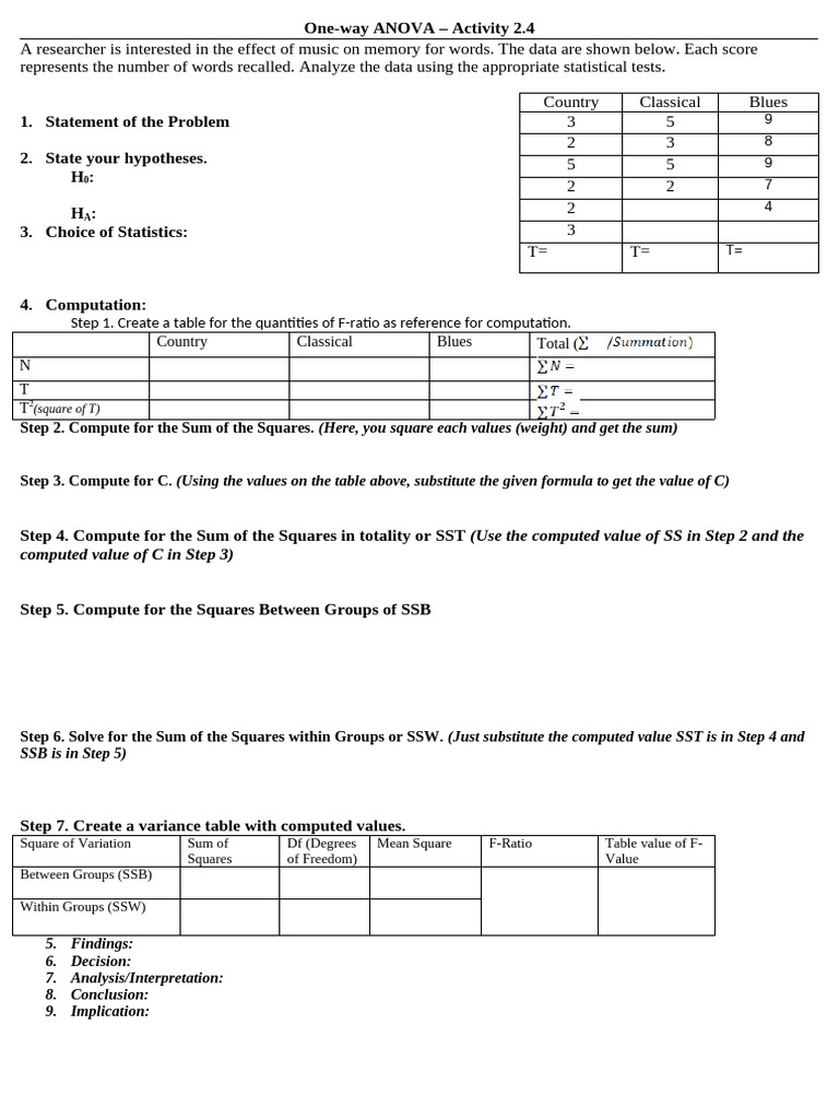 One Way ANOVA Worksheet | PDF | Analysis Of Variance | Data Analysis