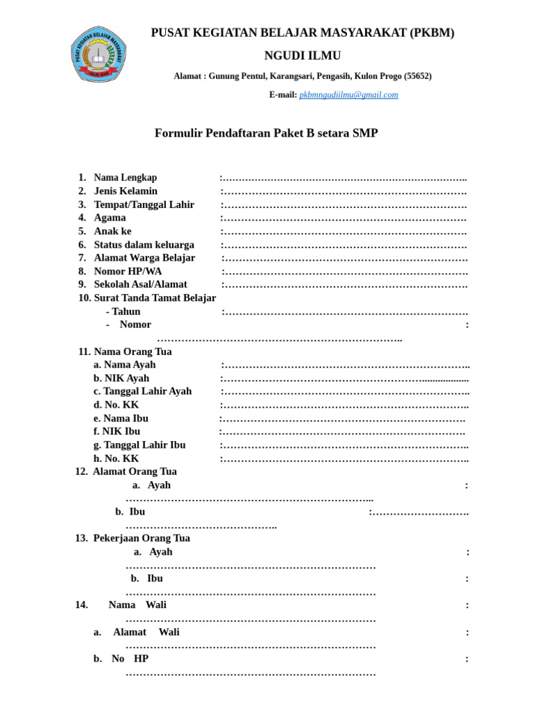 Formulir Pendaftaran Paket B | PDF | Game & Aktivitas