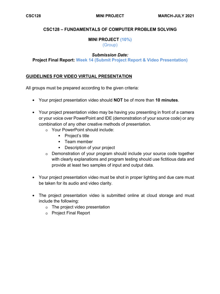 CSC128 - Mini Project - Guidelines Virtual Video Presentation | PDF