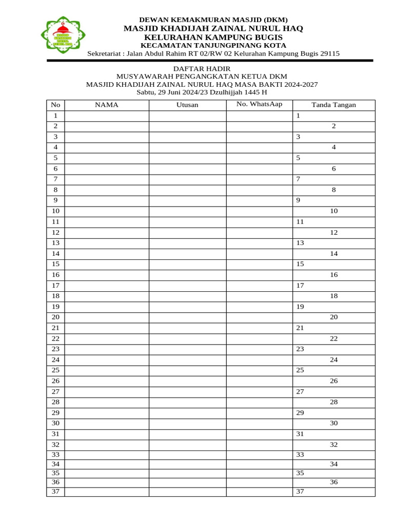 Daftar Hadir DKM Masjid Nurul Haq 2024 | PDF
