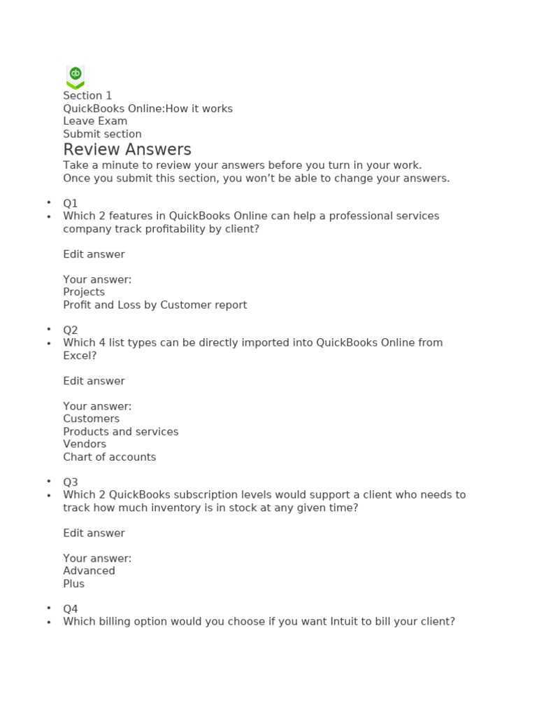 QBO Exam Section 1-5 | PDF | Quick Books | Credit Card