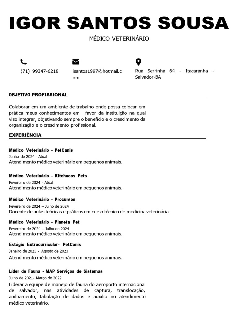 Currículo Igor Sousa Att 2024 | PDF | Medicina Veterinária