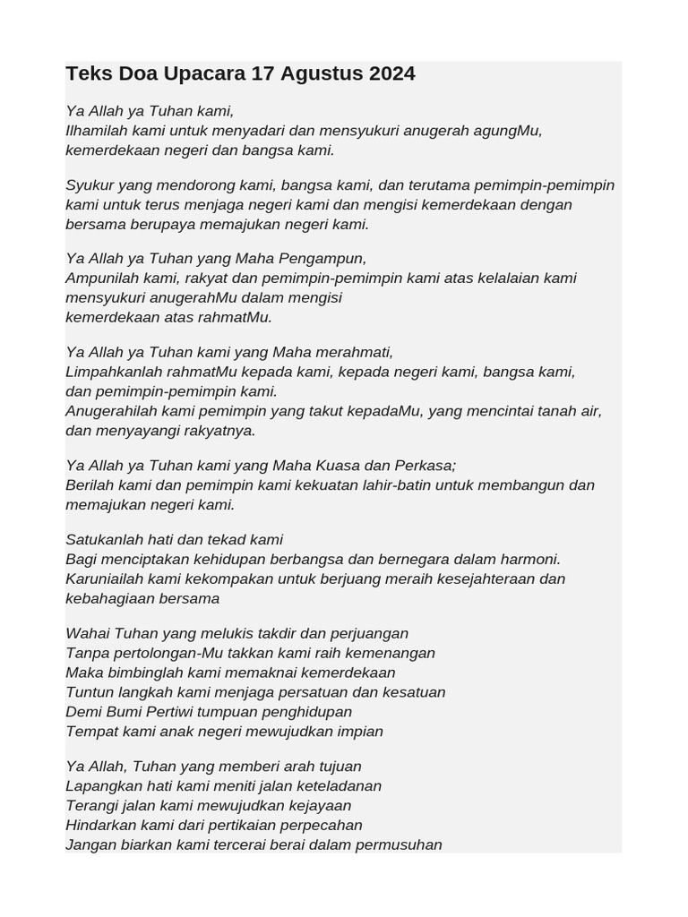Doa 17 Agustus 2024 | PDF | Kajian Bahasa Asing | Agama & Spiritualitas