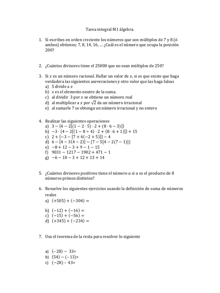 Tarea Integral M1 Álgebra 2024 | PDF | Número racional | Matemáticas