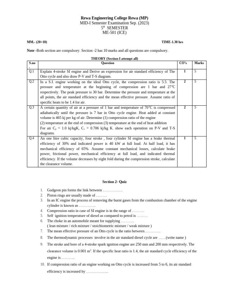 ME-501 MID SEM-1 Sep 2023 | PDF | Internal Combustion Engine | Energy Technology