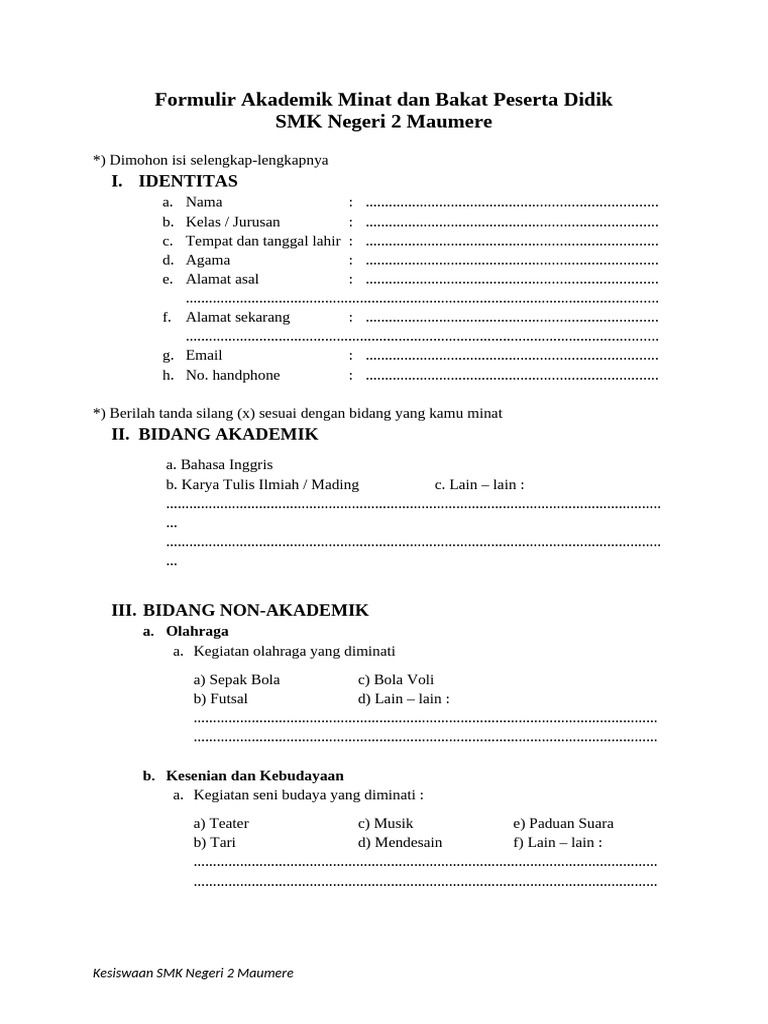 Formulir Minat dan Bakat Siswa SMK | PDF