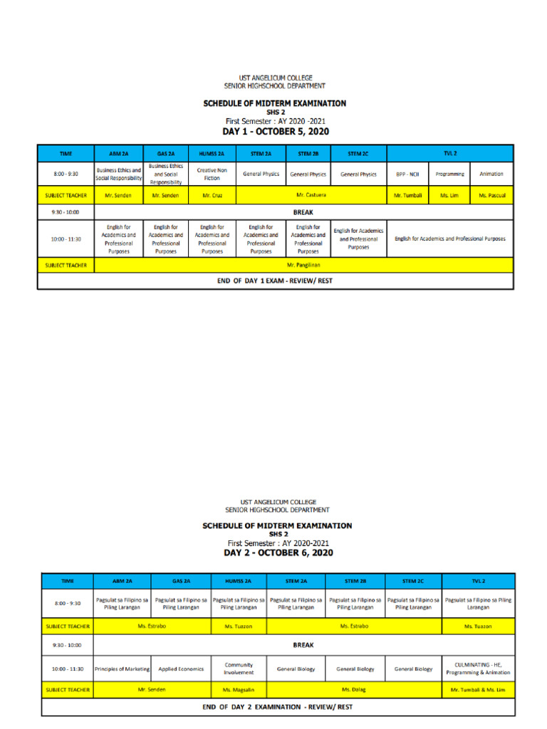 SHS2 - Midterm Examination Schedule | PDF