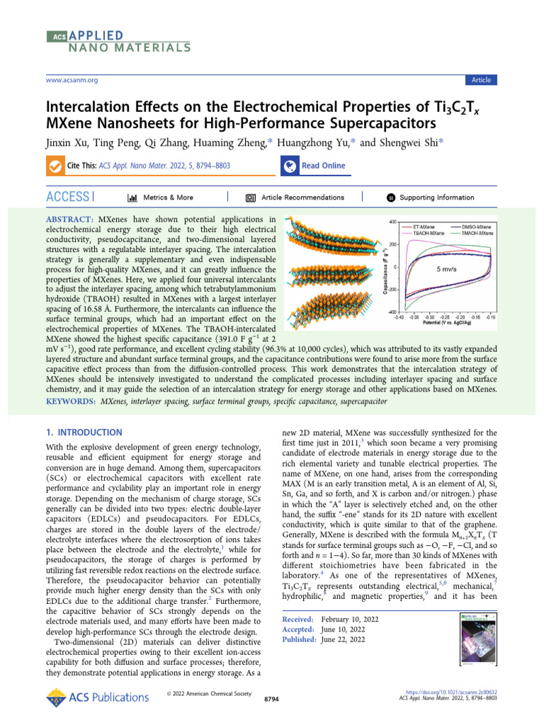 Xu Et Al 2022 Intercalation Effects On The Electrochemical Properties of Ti3c2tx | PDF ...