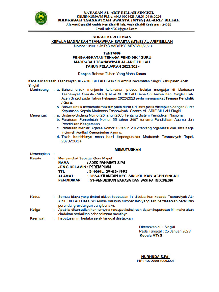 SK MTSS Adek2324 | PDF