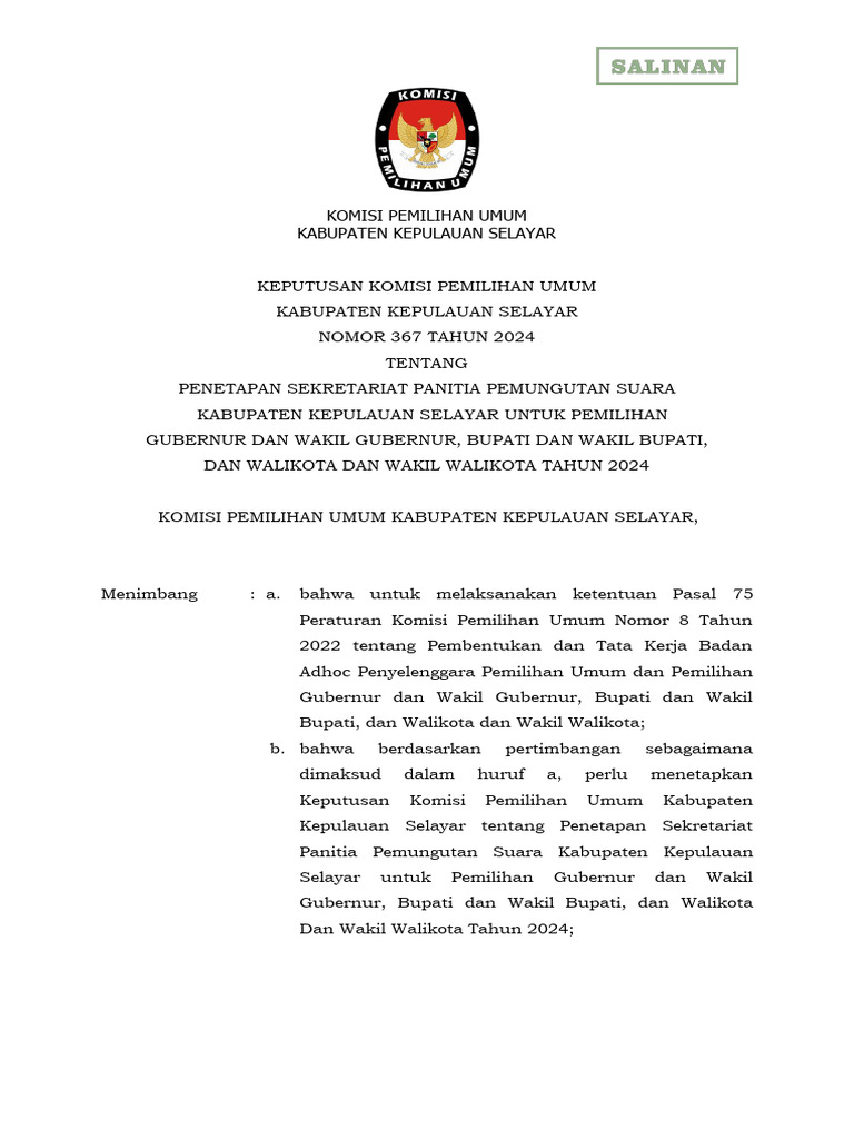 SK Nomor 367 Tahun 2024 Tentang Penetapan Sekretariat PPS | PDF