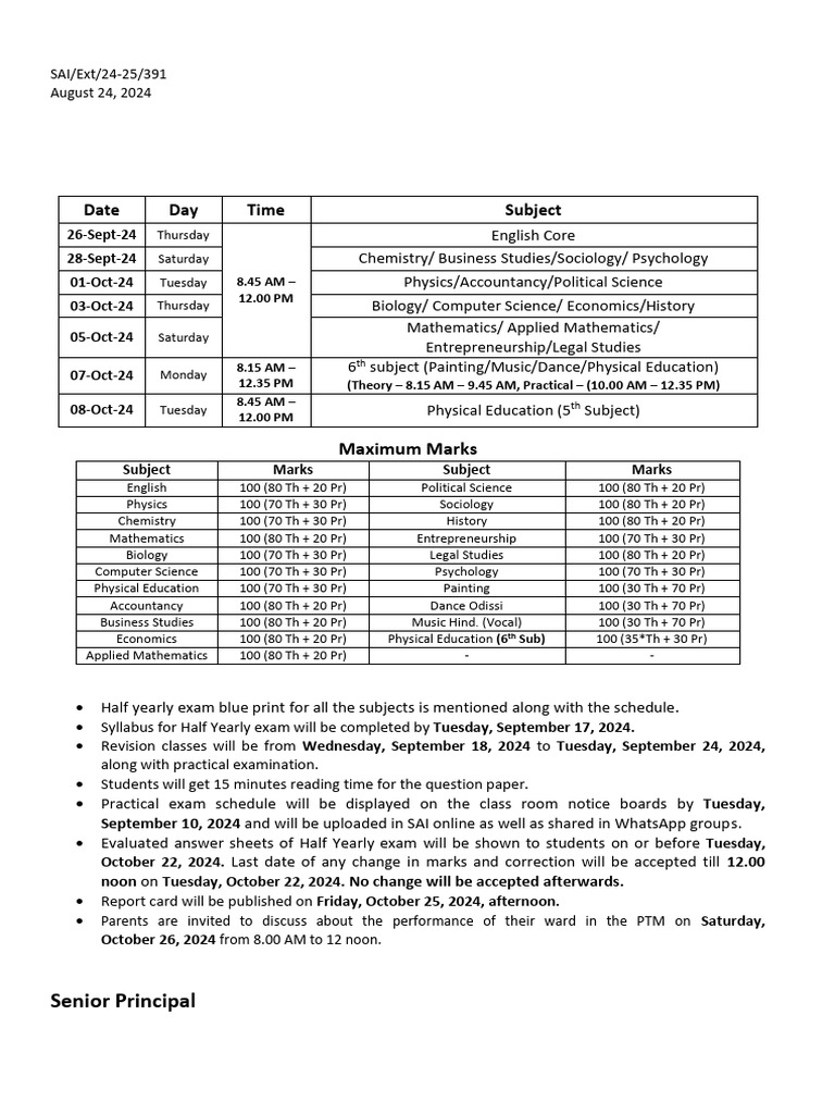 Class XI Half Yearly Exam Schedule 2024 | PDF | Chemistry ...